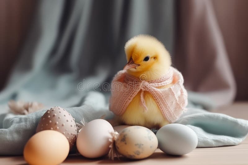 Easter Greeting Card with Pastel Colored Easter Eggs and Cute Chick ...
