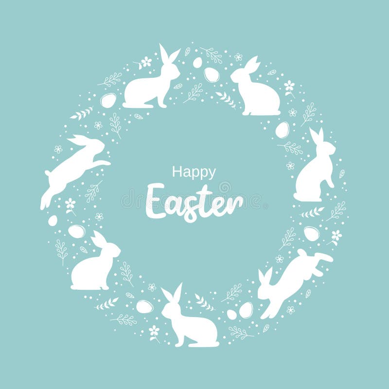 Easter Greeting Card. Round Frame with Easter Bunnies, Eggs, Flowers ...