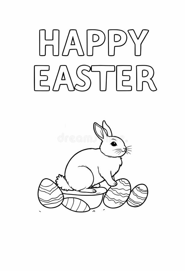 Easter Greeting Coloring Page with a Bunny and Decorated Eggs Stock ...