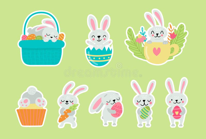 Easter Greeting Stickers with Bunnies. Vector Illustration. Set of Cute ...
