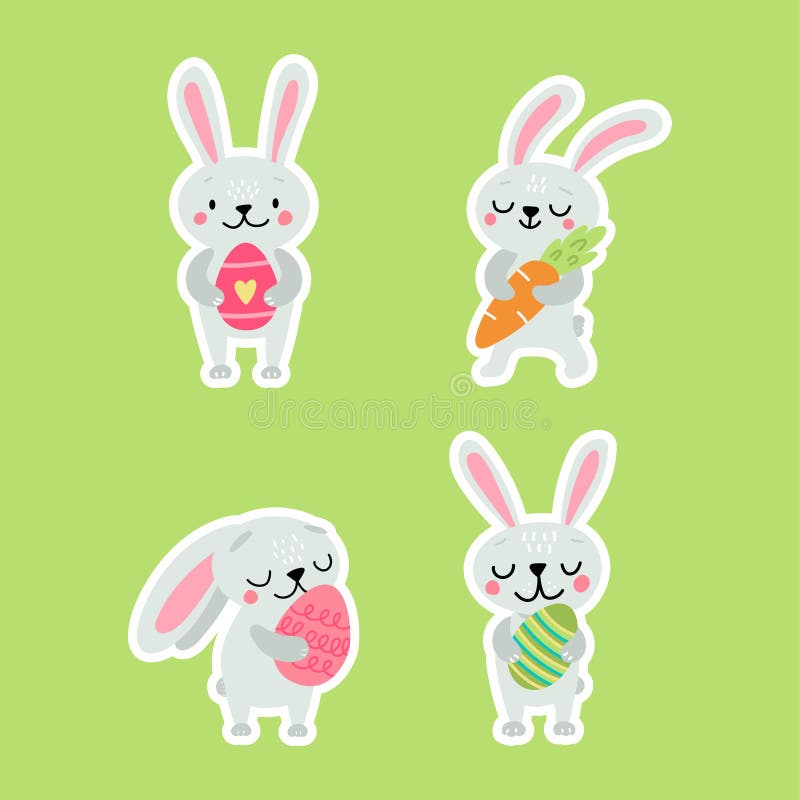 Easter Greeting Stickers with Bunnies. Vector Illustration. Set of Cute ...