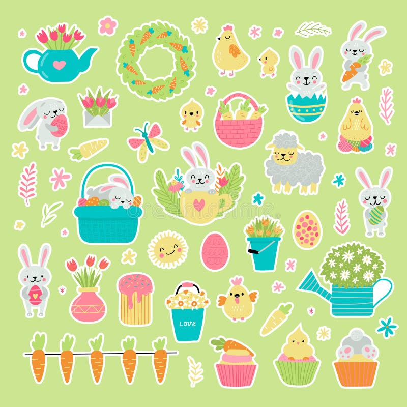 Easter Greeting Stickers with Bunny, Flowers, Eggs. Vector Illustration ...