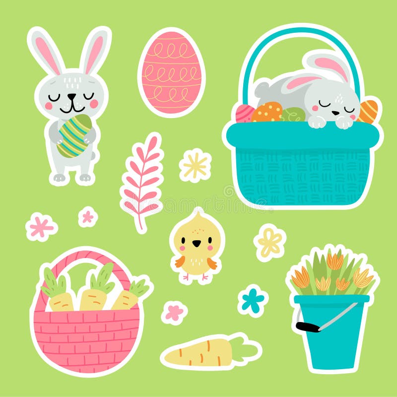 Easter Greeting Stickers with Bunny. Vector Illustration. Set of Cute ...