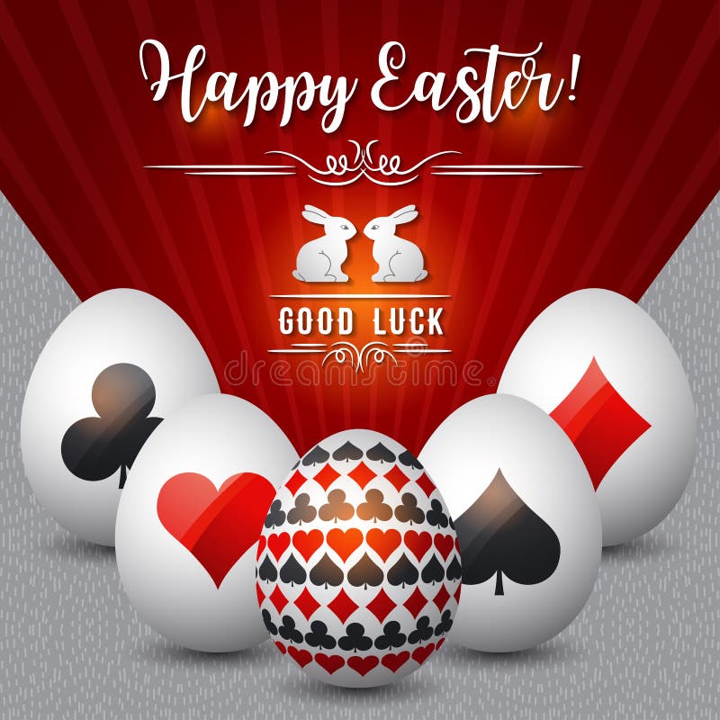 Easter Greetings Card with Red and Black Symbols Over White Eggs Stock ...