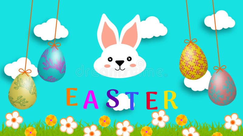 Easter Greetings on Cloud, Flowers and Animated Bunny Face Stock Video ...