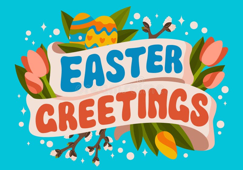 Easter Greetings, Typography Festive Design. Vector Lettering Text with Ribbons, Willow Branches ...