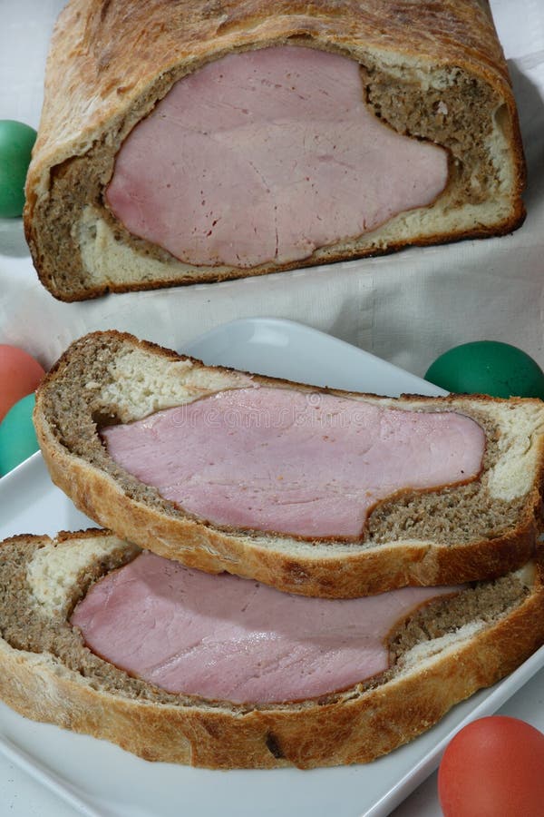 Easter Ham on Bread with Colored Eggs Stock Photo - Image of delicious ...