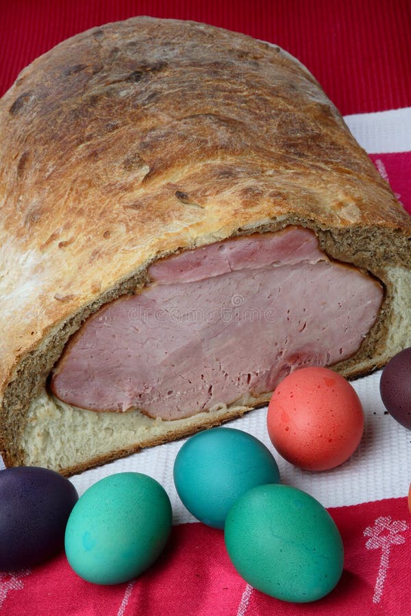 Easter Ham on Bread with Colored Eggs Stock Photo - Image of delicious ...