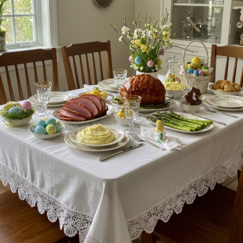 Easter Ham Dinner Table Setting with Spring Flowers Stock Illustration ...