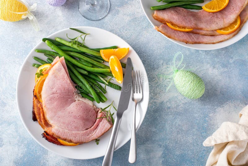 Easter Ham Served on a Plate with Green Beans Stock Image - Image of ...