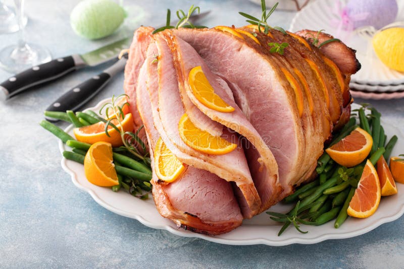 Easter Ham Stuffed with Orange Slices, Spiral Sliced Glazed Ham Stock ...