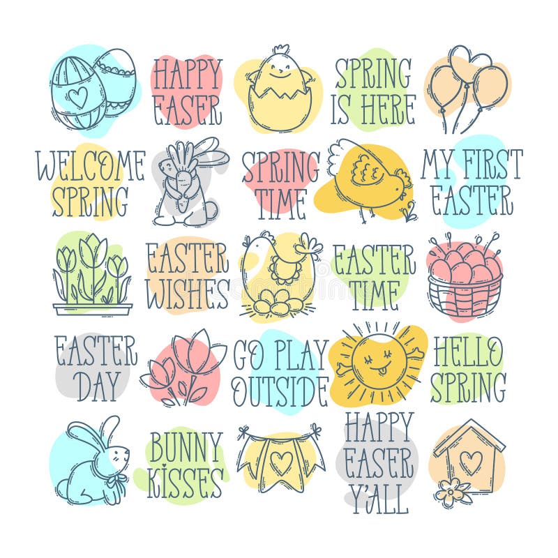 Easter Hand-drawn Doodle Icon Set with Simple Engraving Effect and ...