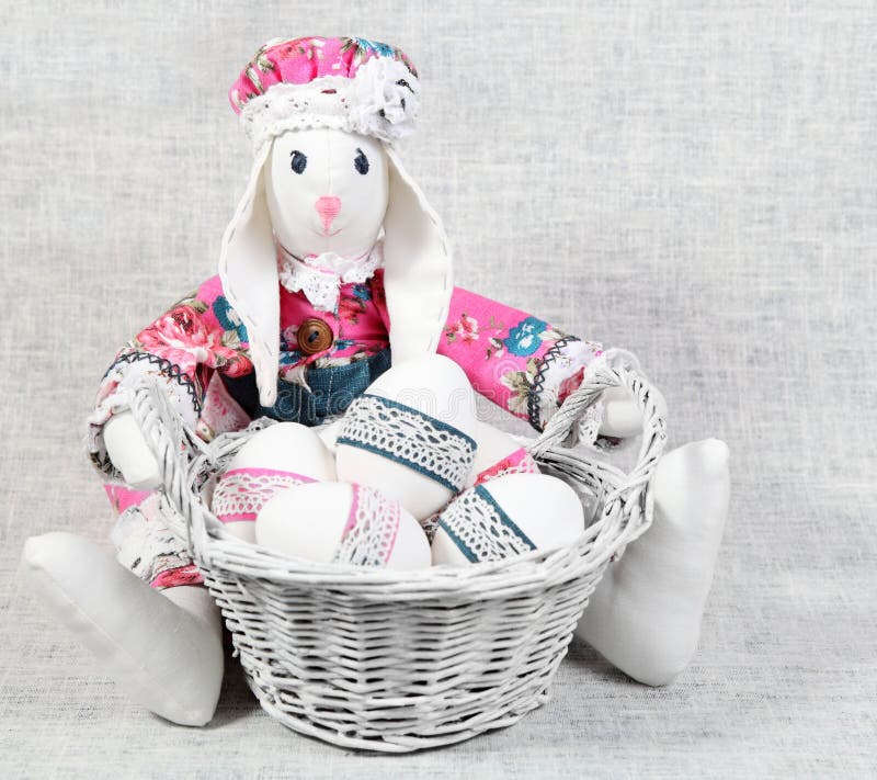 Easter Handmade Bunny with Eggs in Basket Stock Photo - Image of ...