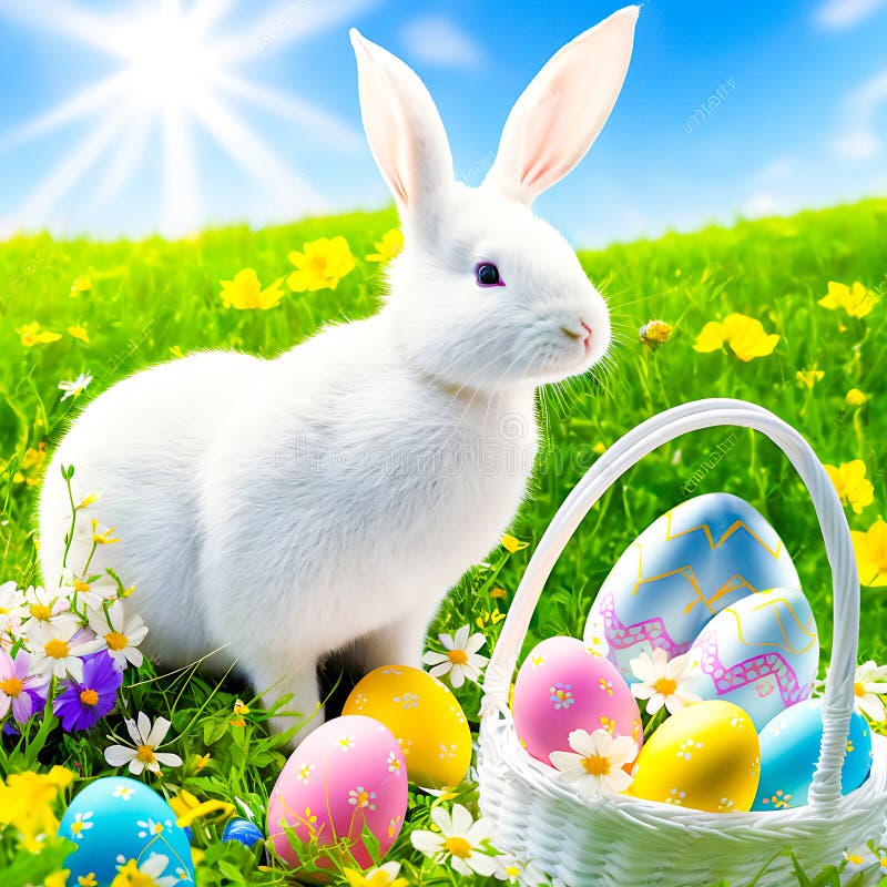An Easter Hare on a Summer Meadow with Colored Eggs Stock Illustration ...