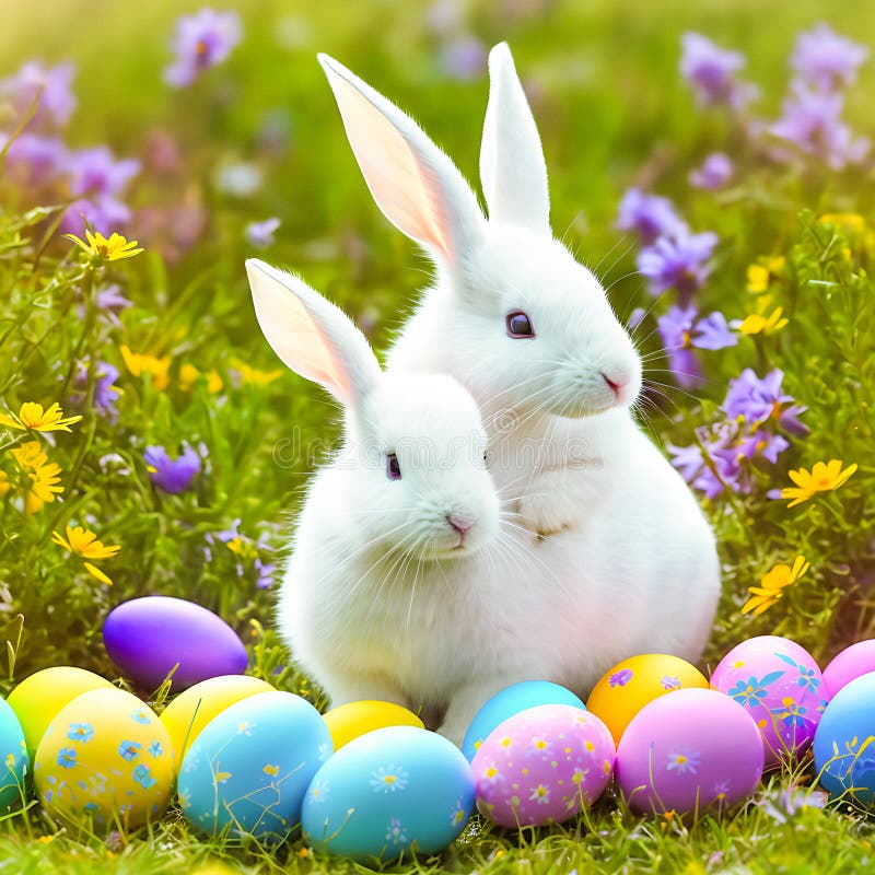 An Easter Hare on a Summer Meadow with Colored Eggs Stock Illustration ...