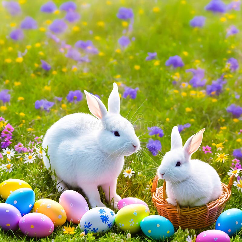 An Easter Hare on a Summer Meadow with Colored Eggs Stock Illustration ...