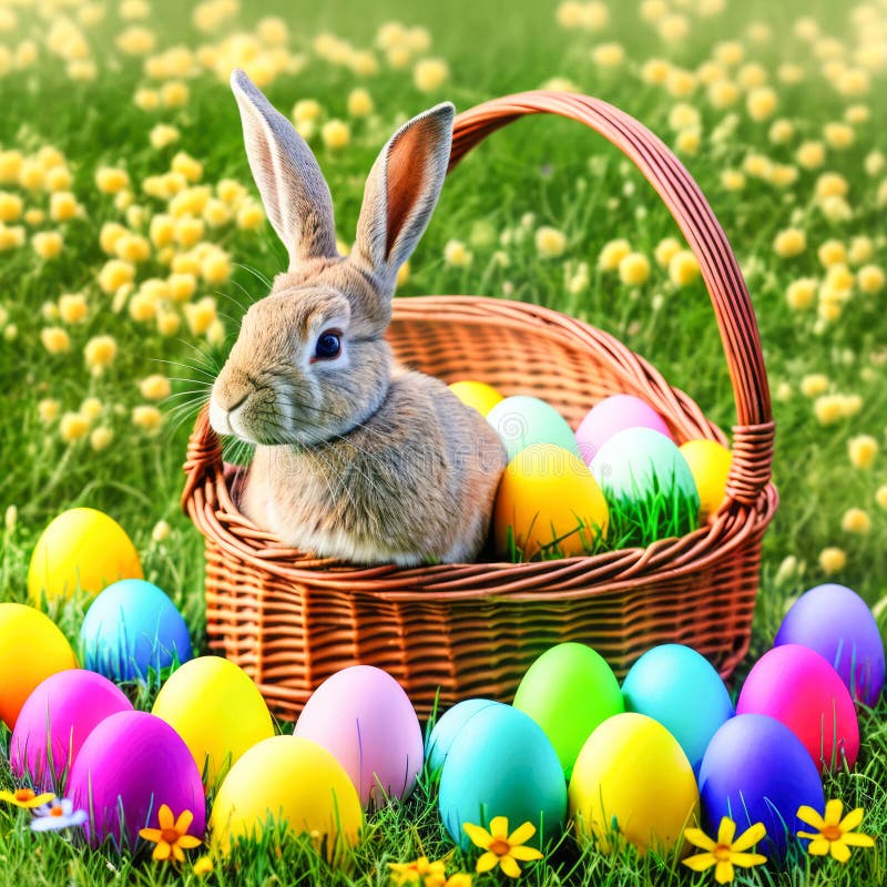 An Easter Hare on a Summer Meadow with Colored Eggs Stock Illustration ...