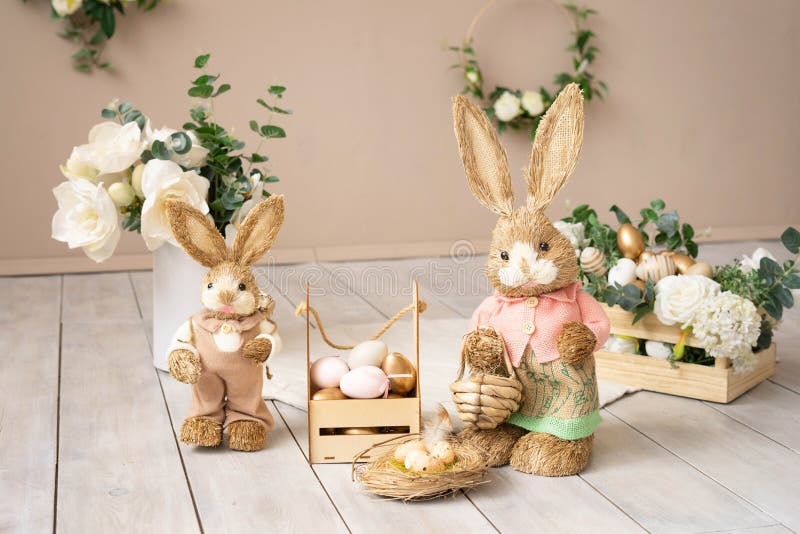 Easter Hay Bunnies: Mother and Son in an Easter Decorative Composition ...