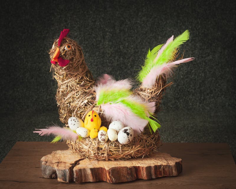 Easter Hen Made of Hay with Eggs and Chicks Stock Image - Image of ...