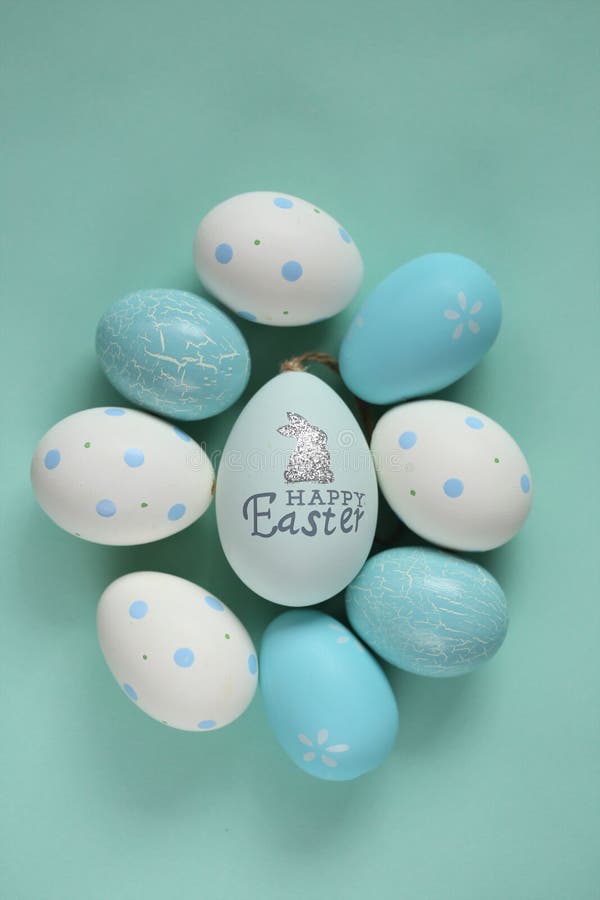 Easter Holiday. Blue and White Speckled Easter Eggs with Bunny on a ...