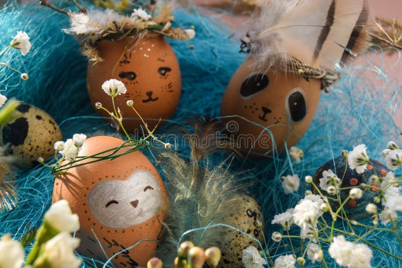 Easter Holiday Concept with Cute Handmade Eggs, Rabbit, Chicks, Owl ...