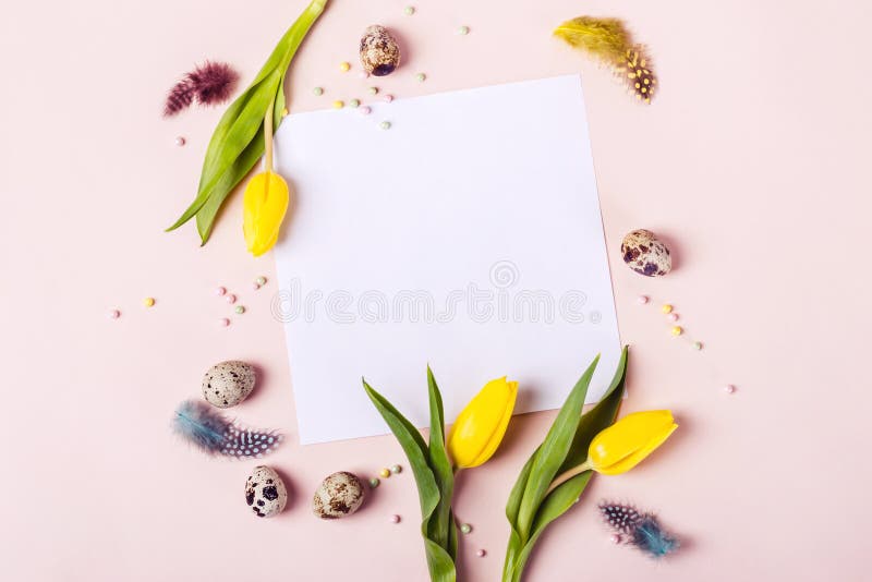 Easter Holiday Frame for Greeting Message. Yellow Tulips, Eggs and ...