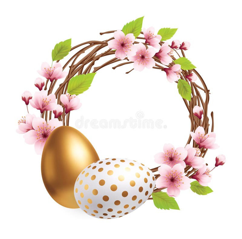 Easter Holiday Wreath Nest Eggs with Cherry Blossom Flower Stock Vector ...