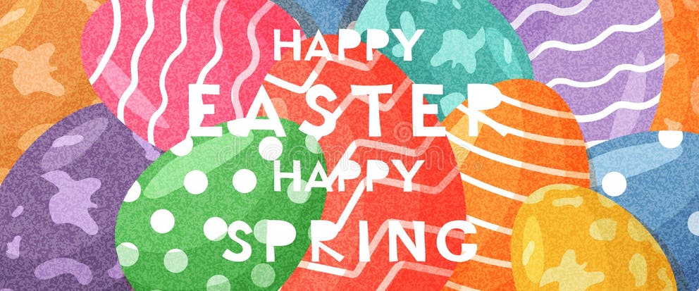 Easter Horizontal Banner with Bright Doodle Easter Eggs and Text "Happy ...
