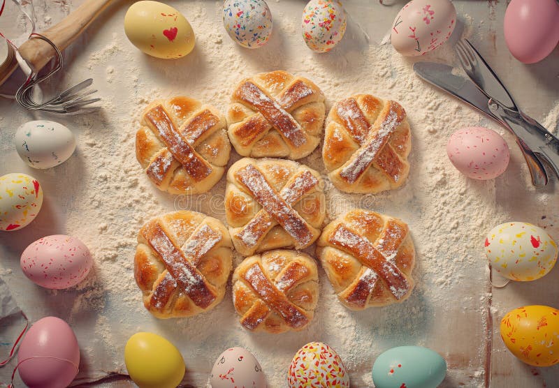 Easter Hot Cross Buns with Decorated Eggs Stock Illustration ...
