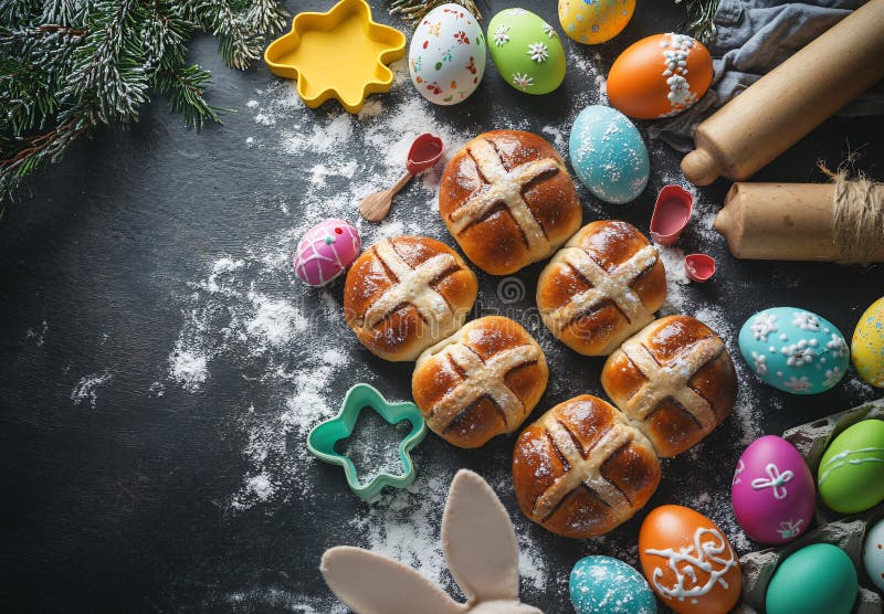 Easter Hot Cross Buns with Painted Eggs Stock Illustration ...