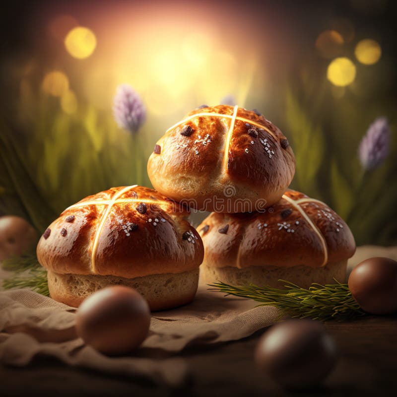 Easter Hot Cross Buns on a White Cloth in Green Fields with Sunlight ...