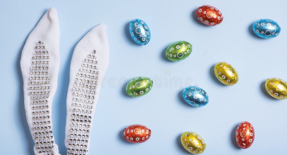 Easter Hunt Flat Lay Concept. Creative Composition with Bunny Ears and ...