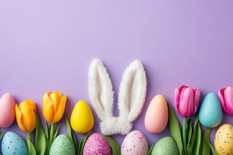 Easter Idea. Top-down View of Rabbit Ears, Vibrant Easter Eggs, and ...