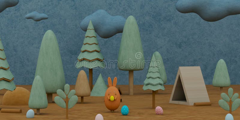 Easter Illustration on Cartoon Background. Cute Rabbit with Easter Eggs ...