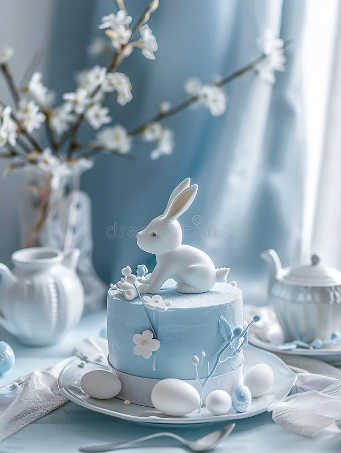 Easter Illustration with Rabbits, Eggs and a Cake in Pastel Colors ...