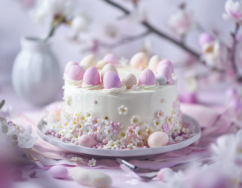 Easter Illustration with Rabbits, Eggs and a Cake in Pastel Colors ...