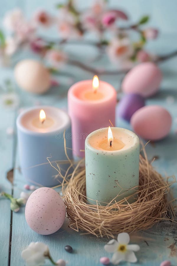Easter Interior Decoration with Burning Candles, Easter Eggs Stock ...