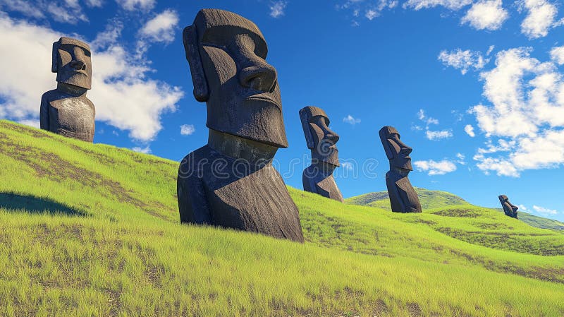 Easter Island Moai Statues Under Cloudless Blue Sky, Realistic High ...