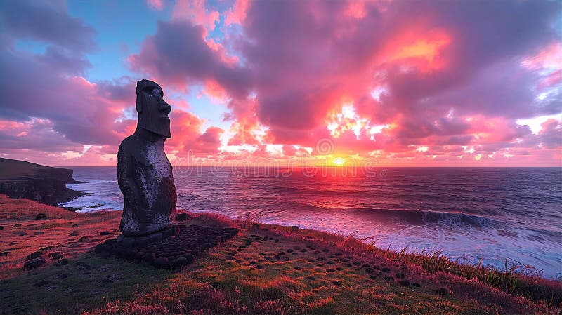 Easter Island S Sculptures Moai at Sunsett Stock Illustration ...