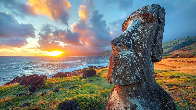 Easter Island S Sculptures Moai at Sunsett Stock Illustration ...