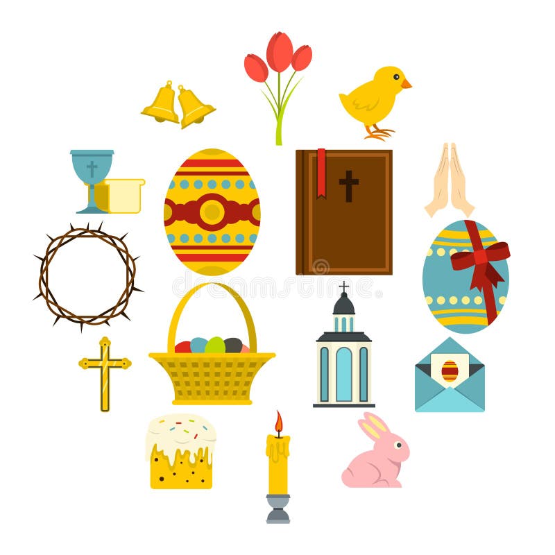 Easter Items Icons Set in Flat Style Stock Vector - Illustration of ...