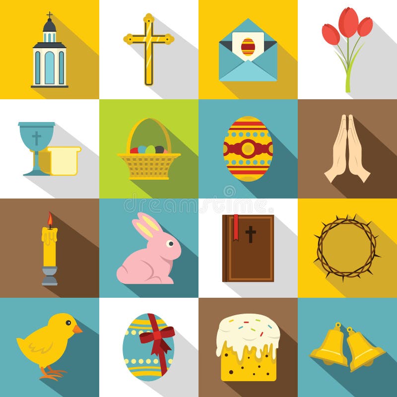 Easter Items Icons Set, Flat Style Stock Vector - Illustration of ...