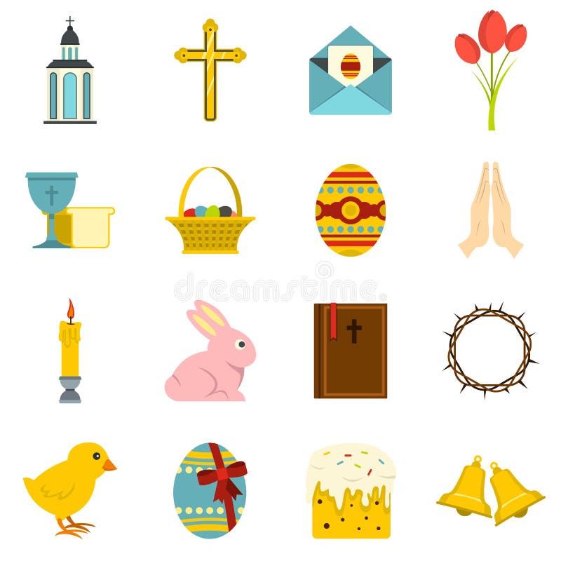 Easter Items Icons Set in Flat Style Stock Vector - Illustration of ...