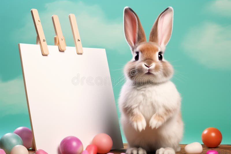 Easter Joy Cute Bunny with a Whiteboard on a Pastel Background Stock ...