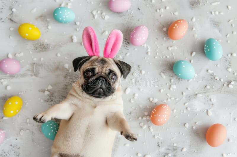 Easter Joy with Dog Pug: Rabbit Ears, Colored Eggs - Festive Concept ...
