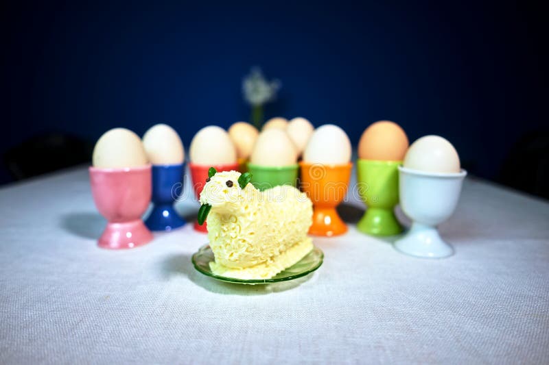 Easter Lamb with Butter and Colorful Containers for Boiled Eggs on the ...