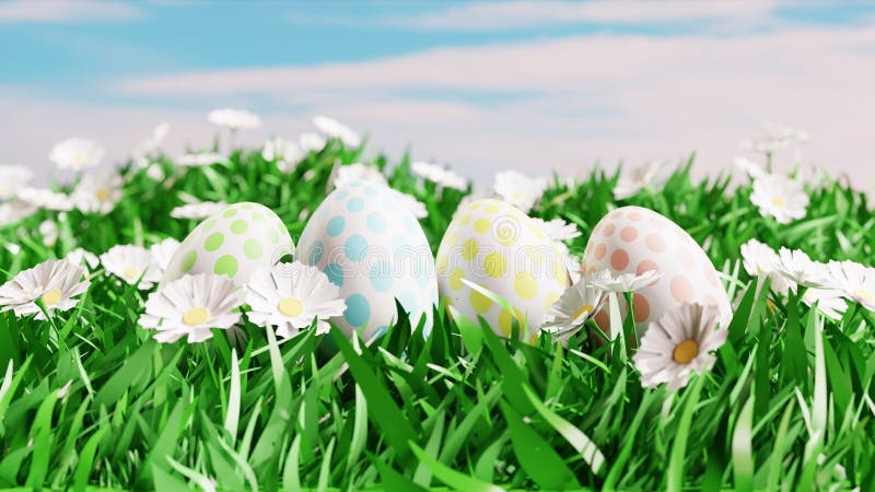 Easter Landscape with Colorful Eggs and Daisy Flower on Field. 3d ...