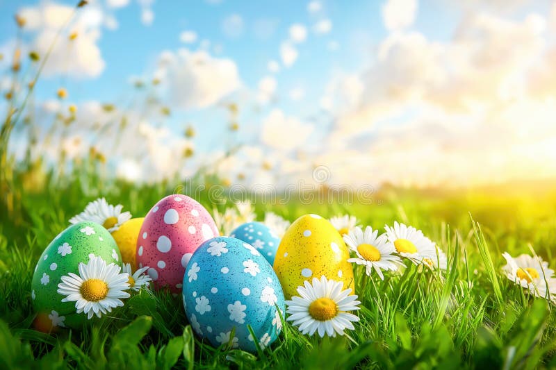 Easter Landscape with Colorful Eggs, Green Grass and Daisy Flowers ...