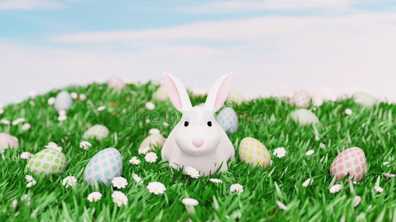 Easter Landscape with Rabbit, Colorful Eggs and Daisy Flowers on Field ...