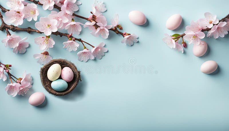 Easter Light Blue Background Anchors a Border of Soft Pink Cherry ...